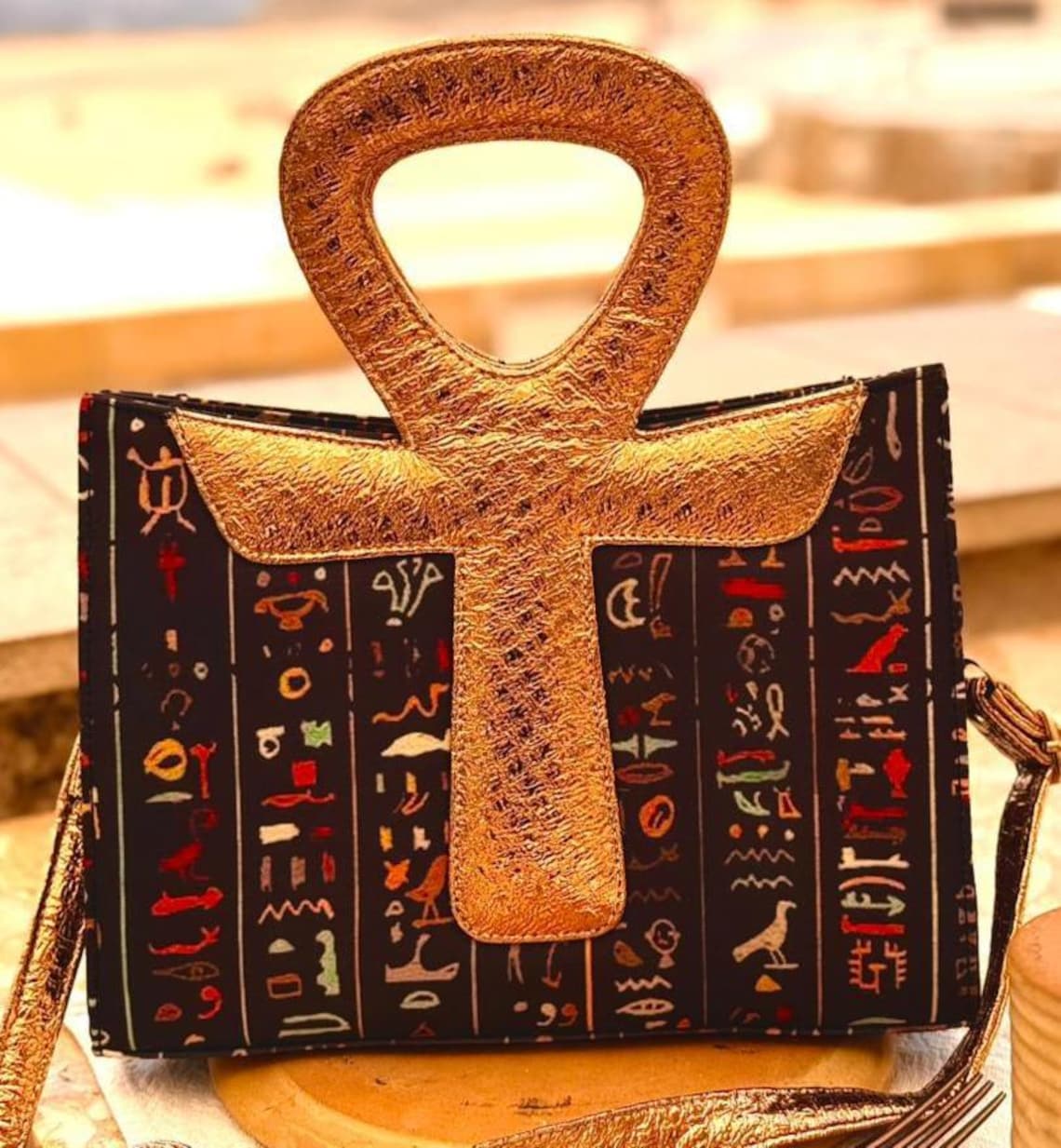 Handmade Egyptian Ankh Bag – Gold Hieroglyphic Purse, Ancient Pharaonic ...