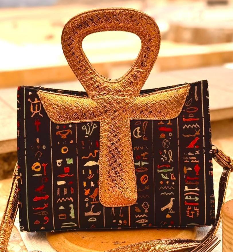 Handmade Egyptian Ankh Bag – Gold Hieroglyphic Purse, Ancient Pharaonic ...