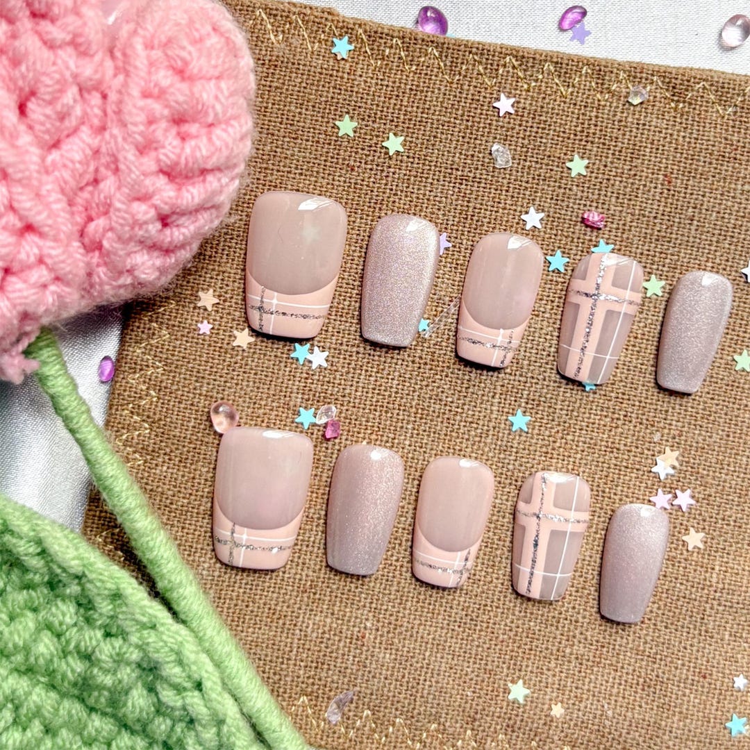 Personalized Plaid Press on Nails: Beige & Taupe Checkered, Handmade ...