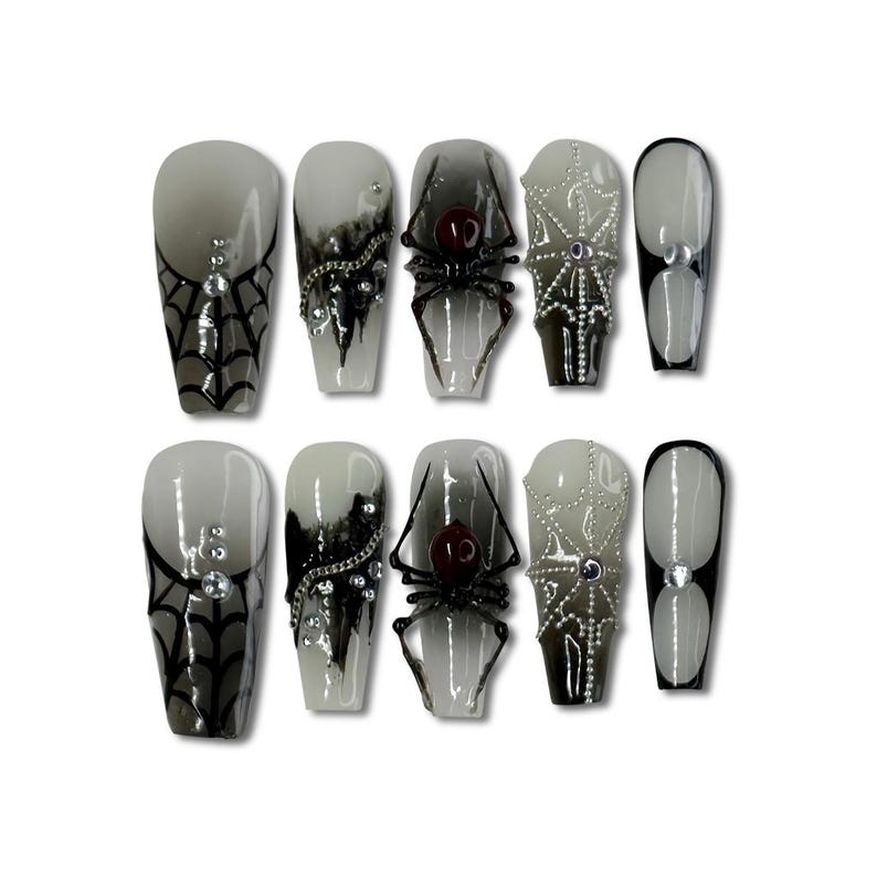 Custom Black Spider Press on Nails | Handmade Gothic Halloween False ...
