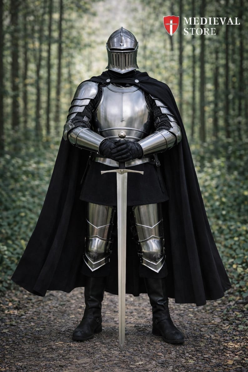 Medieval Full Plate Knight Armor With Black Cloak | Handmade Steel ...