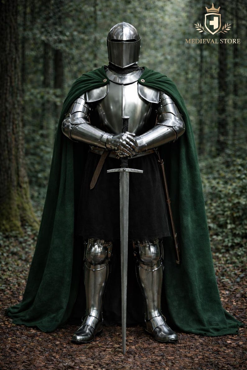 Medieval Full Plate Armor Knight Suit With Green Cloak | Handmade Steel ...