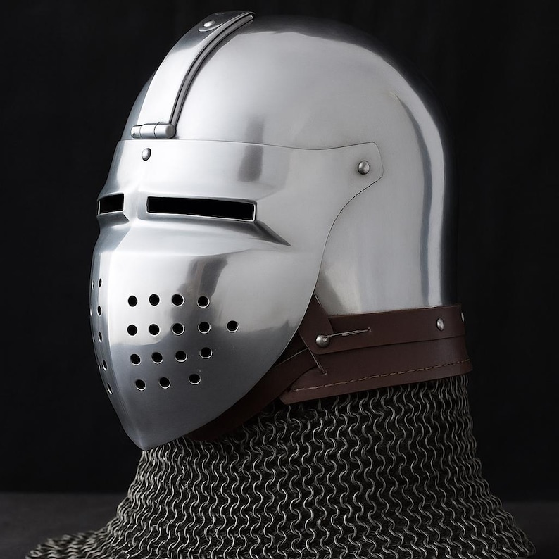 Polished Steel Bascinet Helmet | Knight Armor With Chainmail Aventail ...