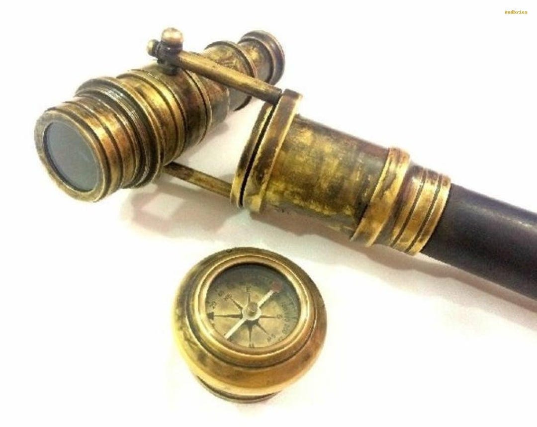 Vintage Brass Telescope Handle Walking Stick With Compass • Nautical ...