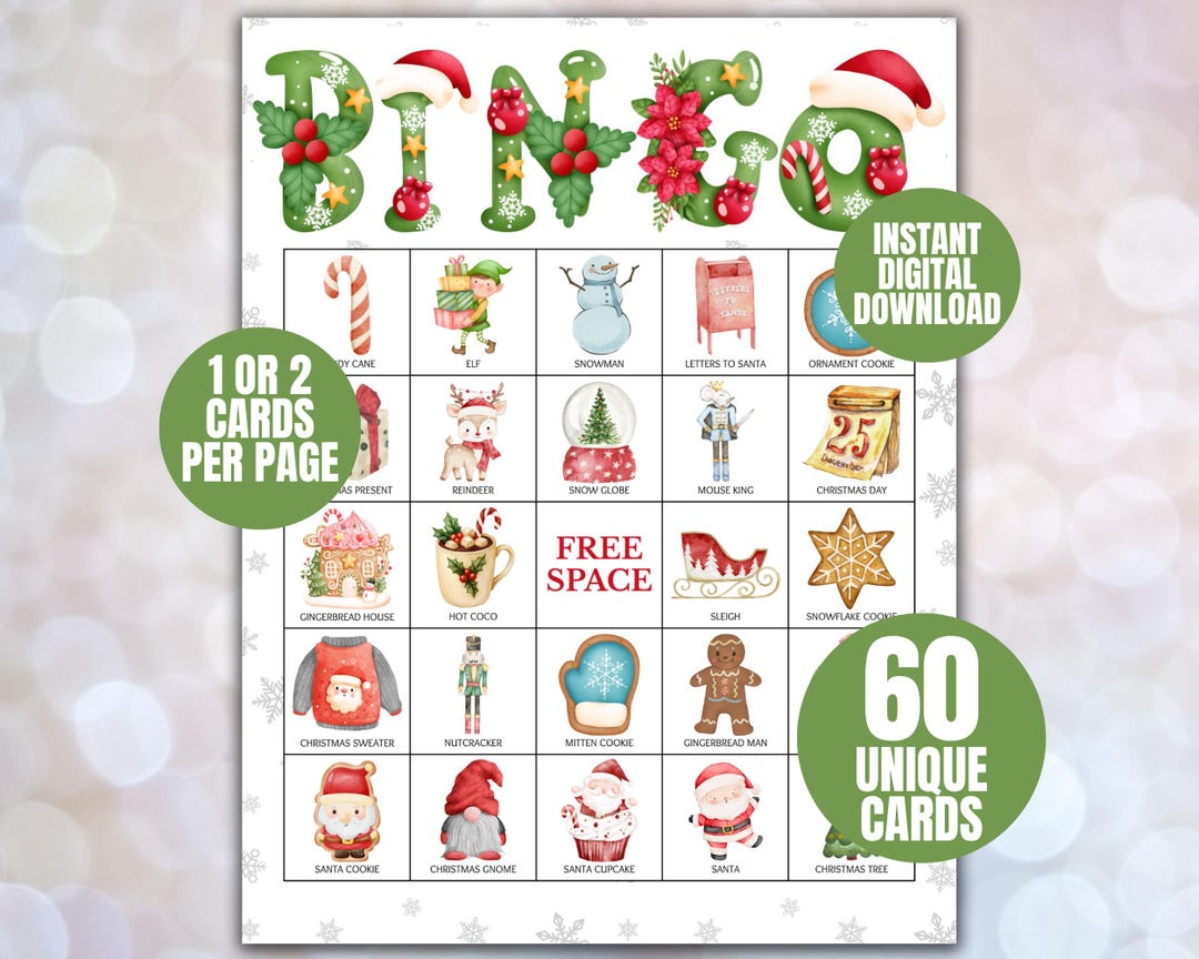Holiday Bingo Printable, 60 Unique Christmas Bingo Cards, Classroom or ...