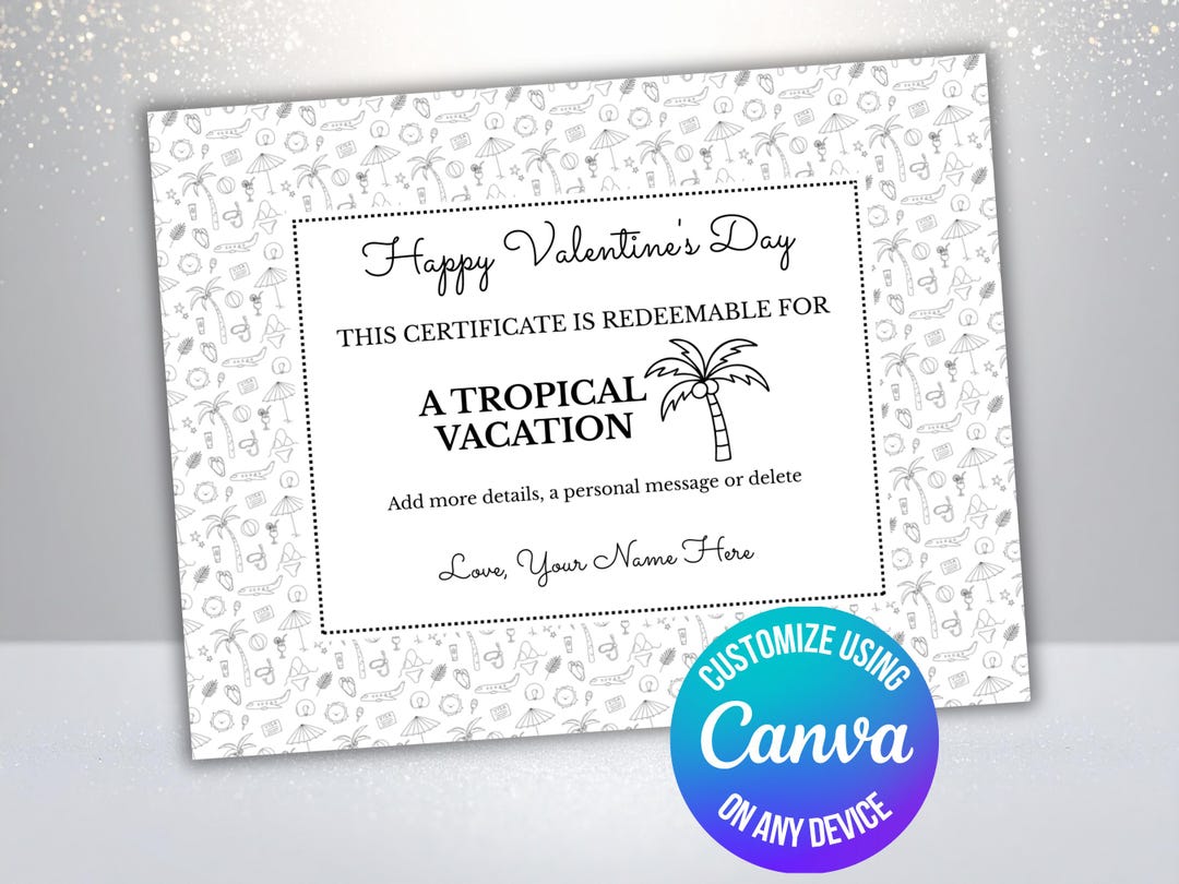 Editable Tropical Vacation Voucher, Valentines Gift for Her ...