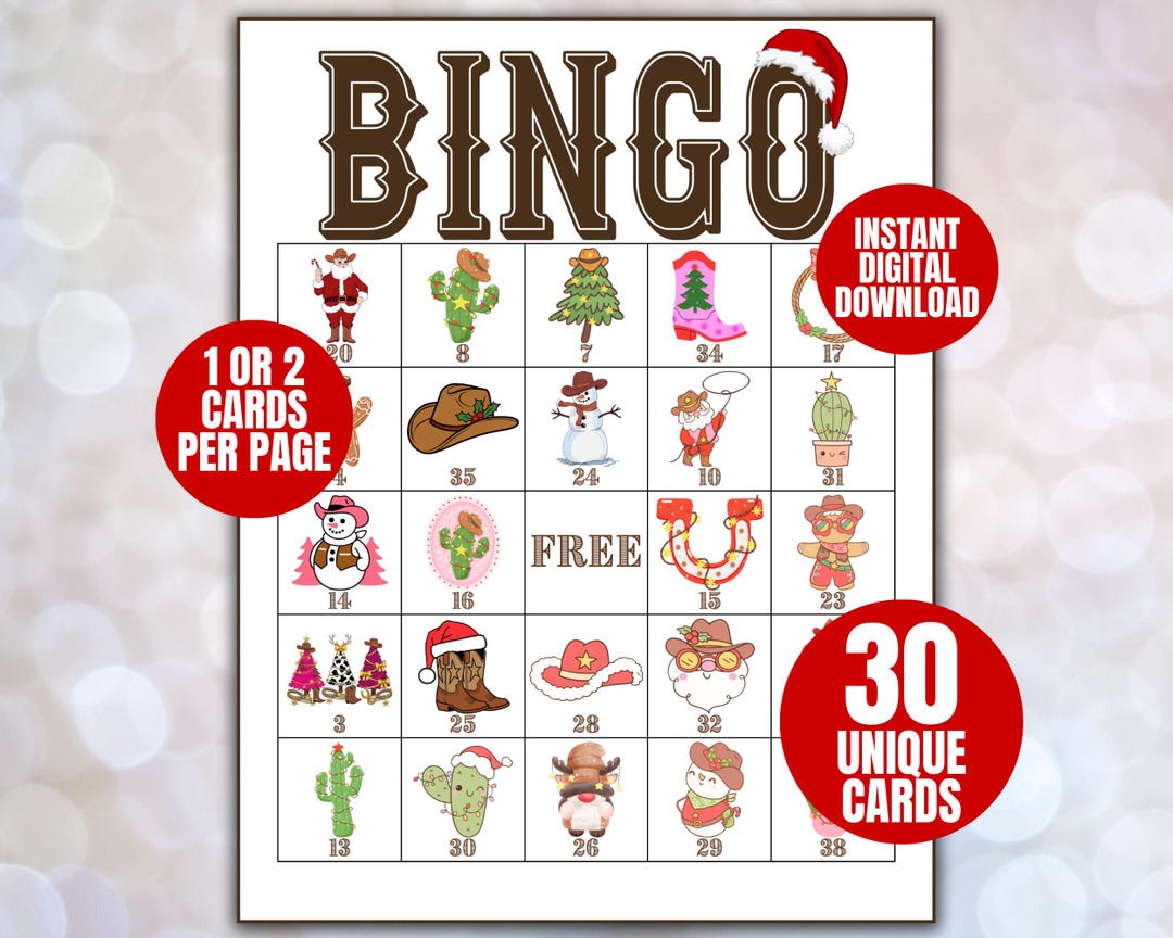 30 Western Christmas Holiday Bingo Cards, Cowboy Holiday Party, Country ...