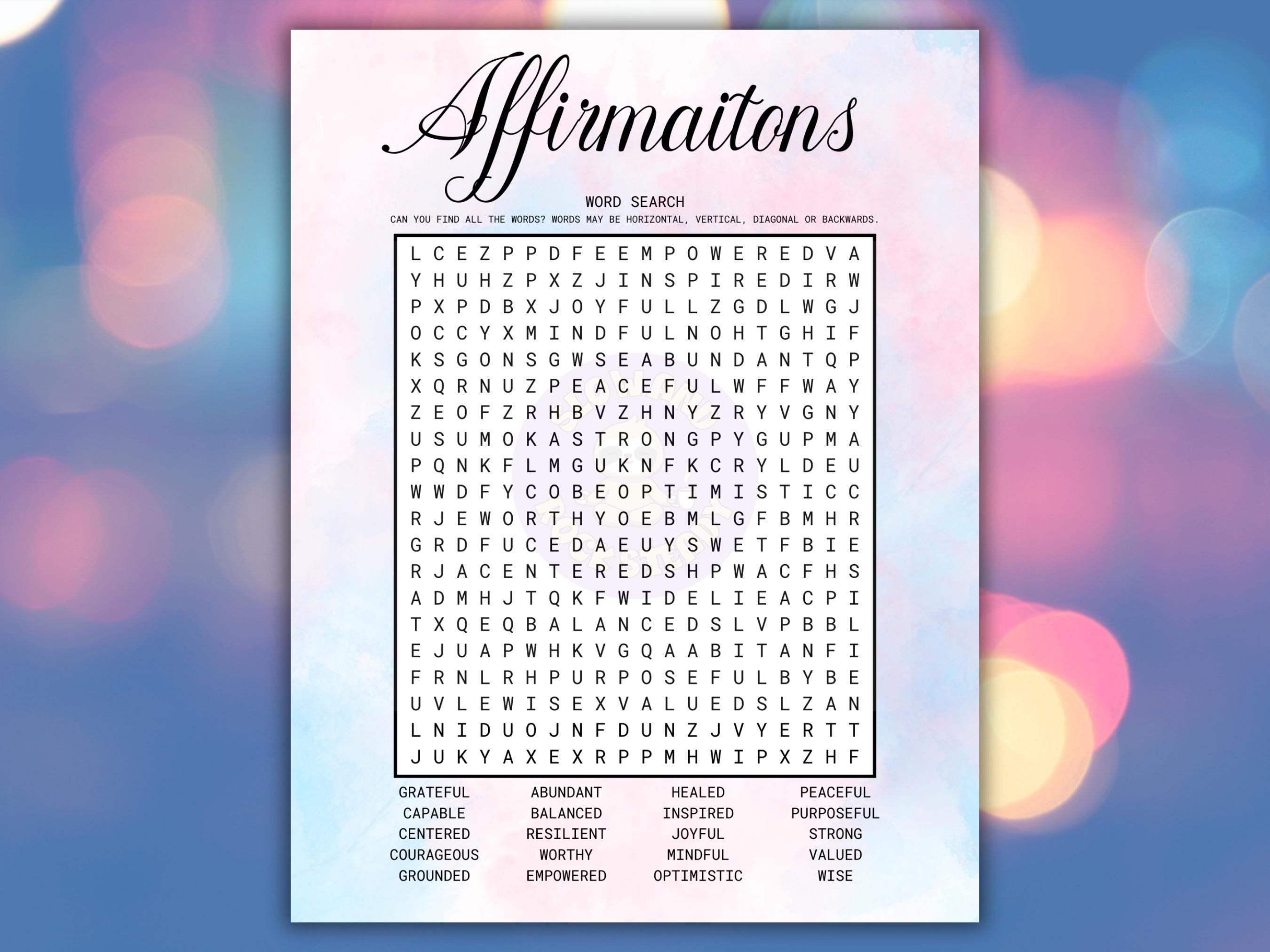 Positive Affirmation Word Search, Puzzle for Adults, Self Care Activity ...