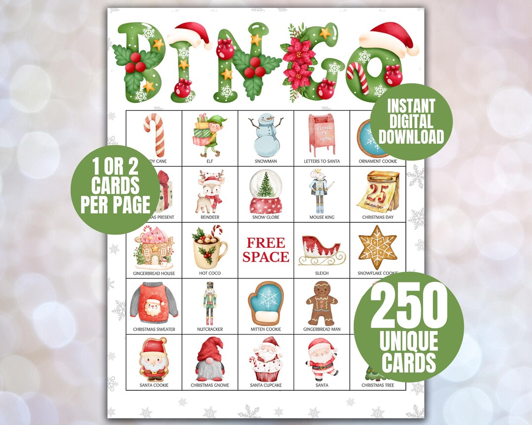 Bingo des fêtes à imprimer, 250 cartes de bingo de Noël uniques, jeu de ...