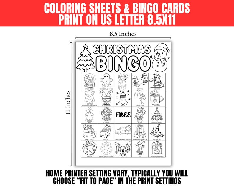 30 Christmas Coloring Page Bingo Cards, Printable Classroom Holiday ...