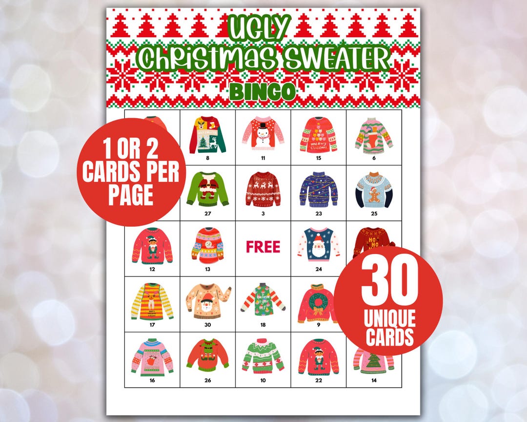 30 Christmas Bingo Cards , Ugly Sweater Party Game, Bingo Game, Funny ...