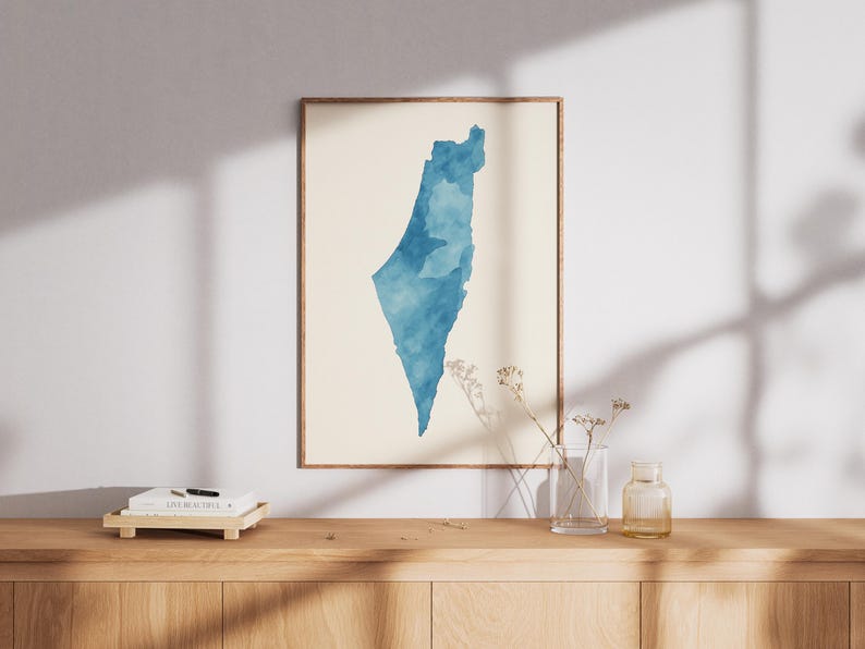 Blue Watercolor Map of Israel, Minimalist Modern Jewish Wall Art, Zion ...