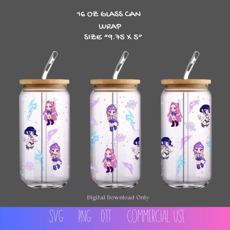 Kpop Demon Hunter Glass Can Wrap, Huntrix Chibi Girl Anime Mug (digital ...