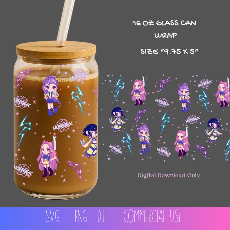 Kpop Demon Hunter Glass Can Wrap, Huntrix Chibi Girl Anime Mug (digital ...