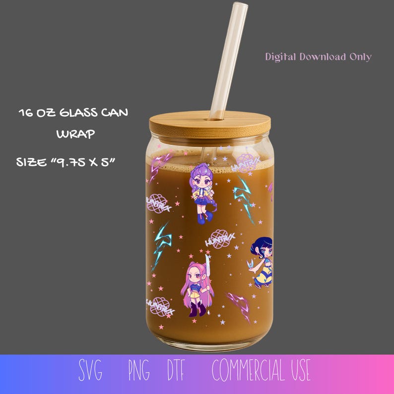 Kpop Demon Hunter Glass Can Wrap, Huntrix Chibi Girl Anime Mug (digital ...