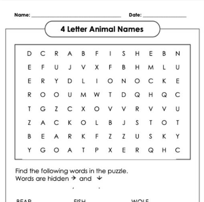 4 Letter Animal Wordsearch With Solutions - Etsy