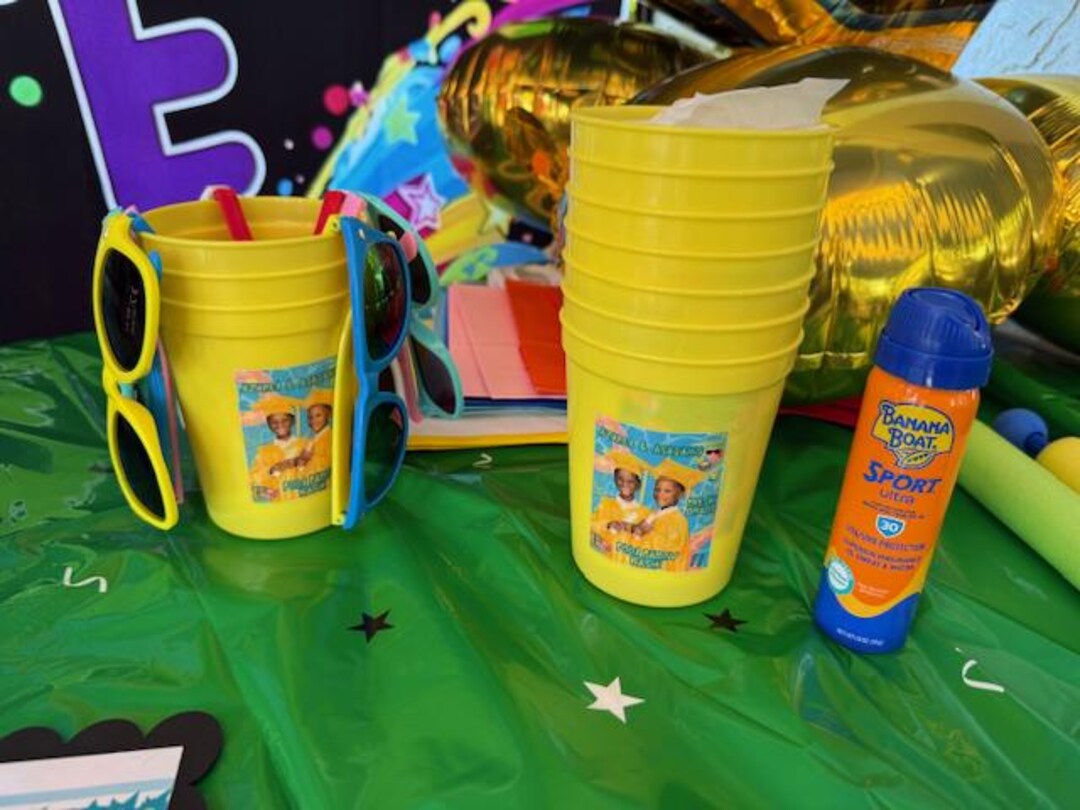 Custom Pool Party Cups With Photo | Yellow, Blue, Pink or White | Kid's ...