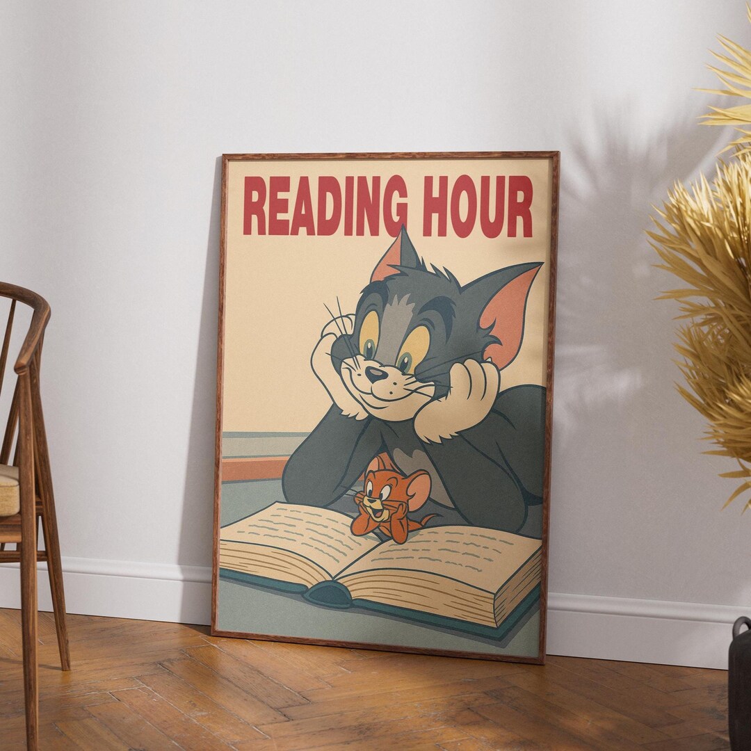 Tom and Jerry Reading Poster: Vintage Cartoon Wall Art (digital ...