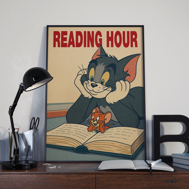 Tom and Jerry Reading Poster: Vintage Cartoon Wall Art (digital ...
