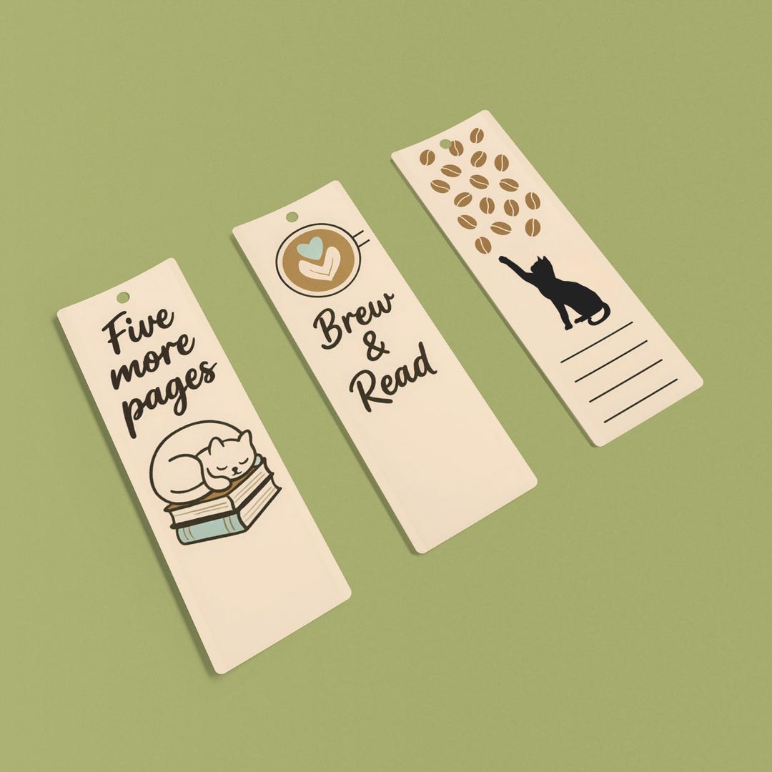 Printable Bookmark Set of 3 – Cat on Books, “brew & Read”, Coffee-bean ...