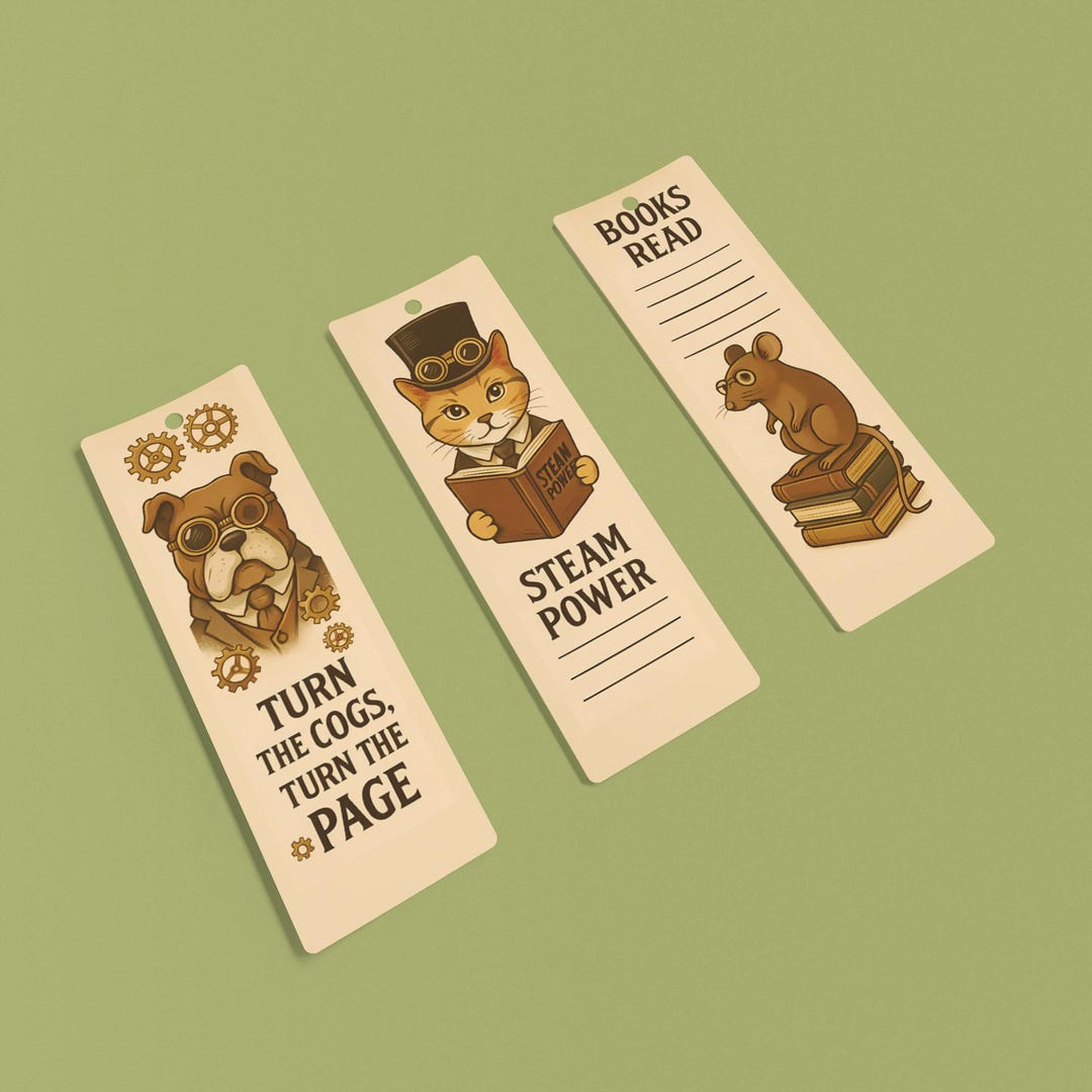Steampunk Animal Printable Bookmarks (set of 3) • Cat, Bulldog & Mouse ...