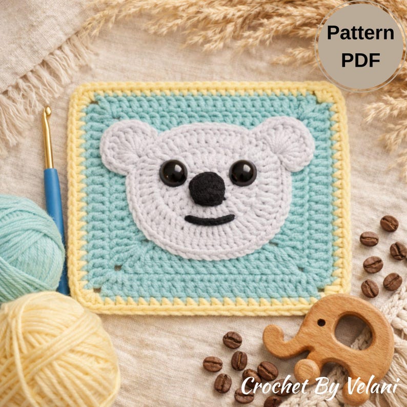 Koala Granny Square Crochet Pattern PDF, Textured 3D Applique Motif ...