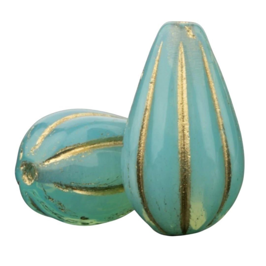 Czech Glass Melon Drop Beads: Aqua Blue Vaseline With Gold Wash (10ct ...