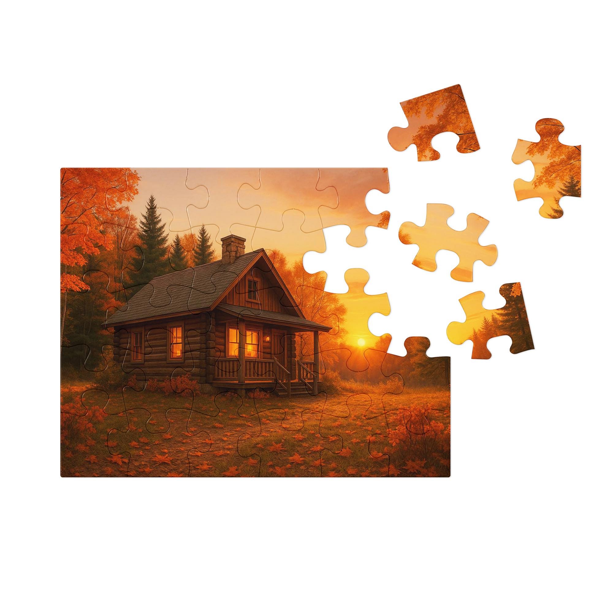 Cozy Log Cabin Sunset Puzzle, Autumn Landscape Jigsaw in Tin Box, Fall ...