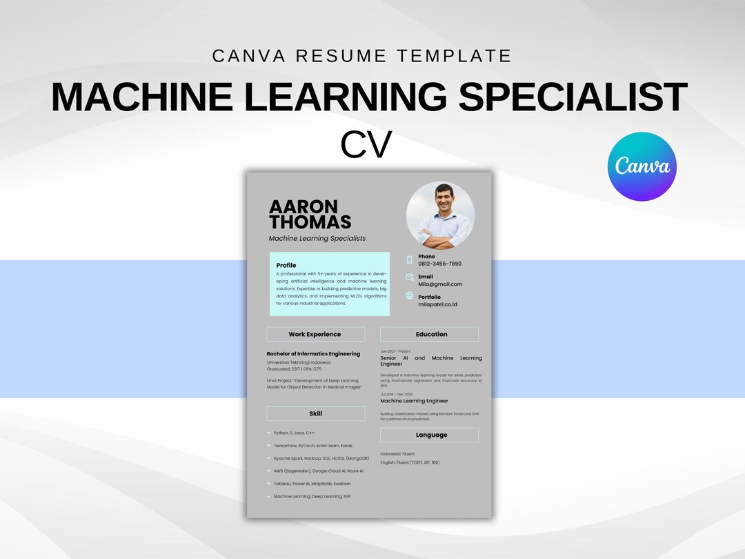 Machine Learning Resume Template | English CV Canva Template | Editable ...