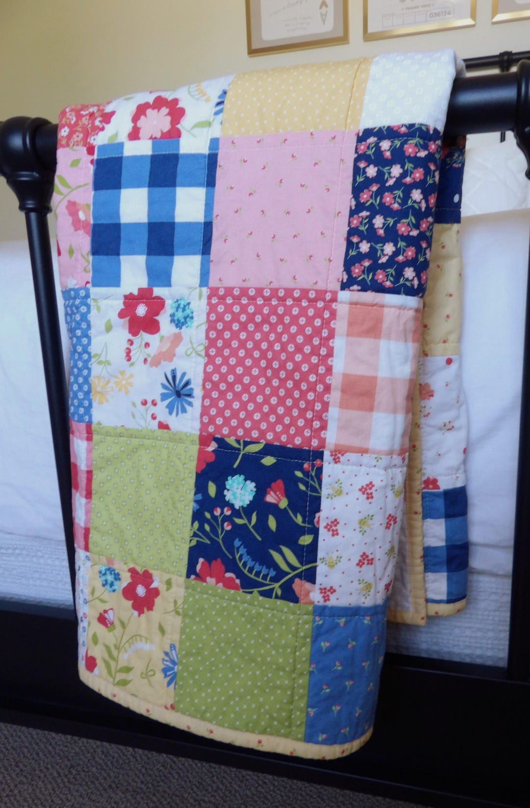 Handmade Patchwork Baby Quilt: Gingham & Florals - Cotton Baby Blanket ...