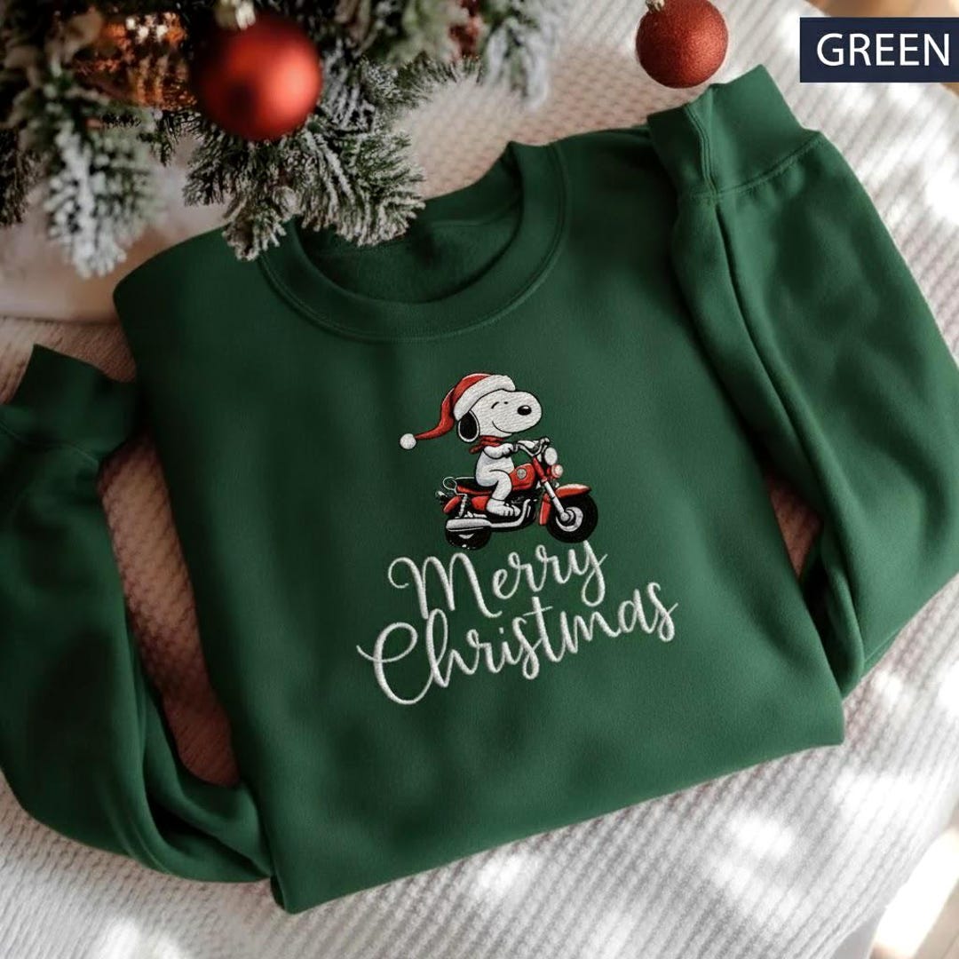 Embroidered Snoopy Biking Christmas Sweatshirt, Peanuts Crewneck ...
