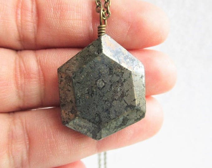 Geometric Pyrite Stone Pendant on Bronze Chain Earthy - Etsy