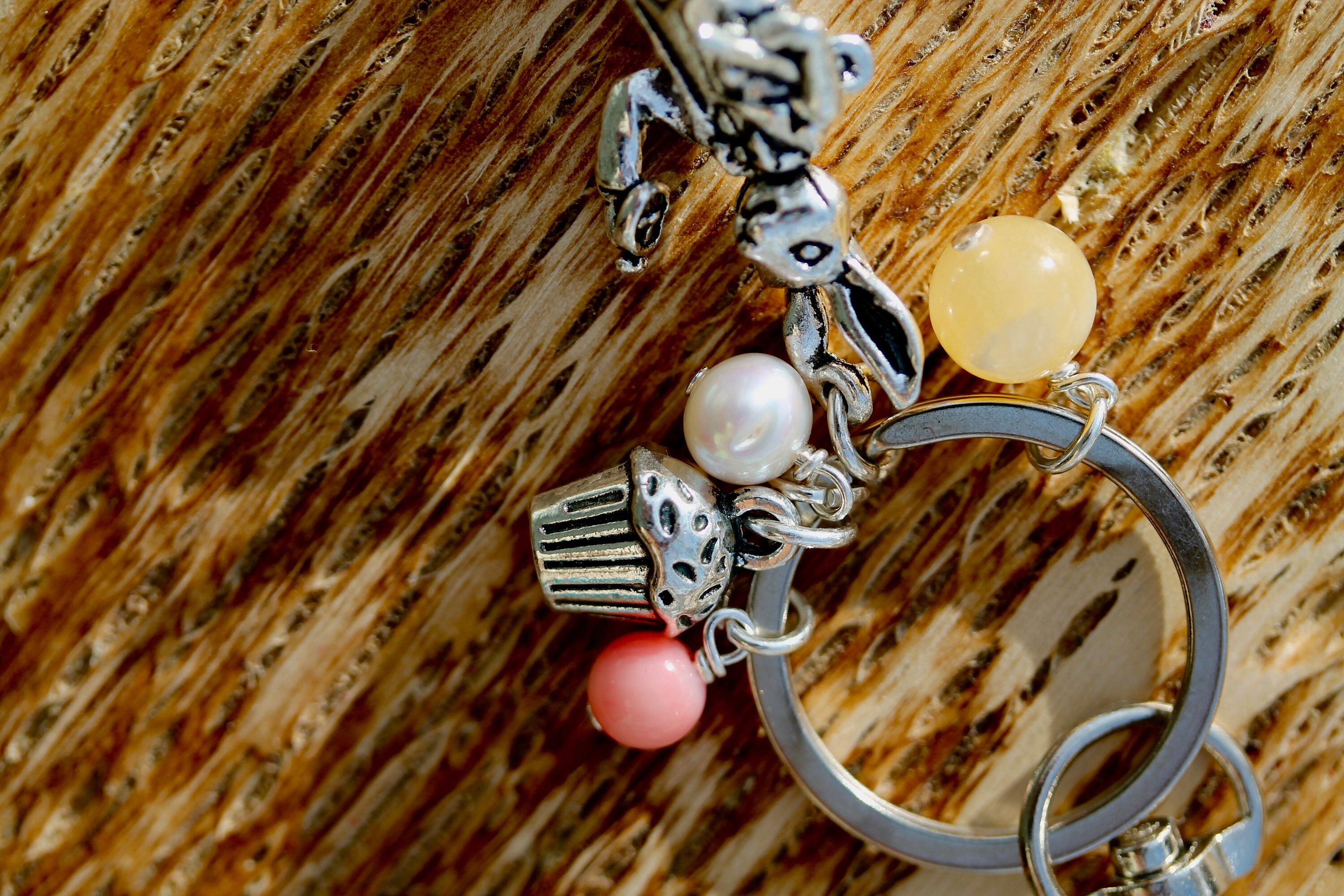 Keychain With Semi Precious Stones, Coral, Aragonite, Freshwater Pearl ...