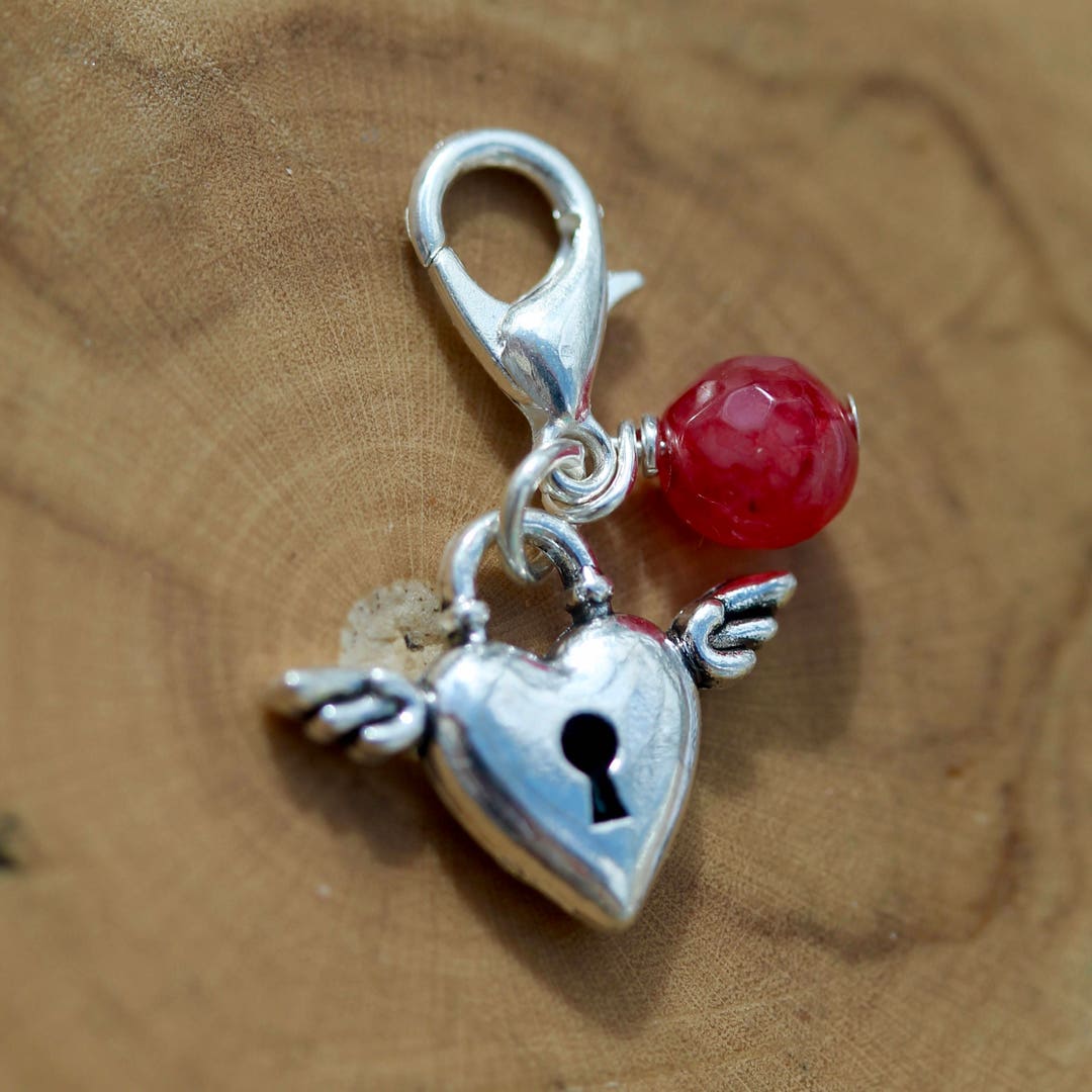 Winged Heart Padlock Charm: Silver Plated Clip-on With Red Jade - Etsy UK