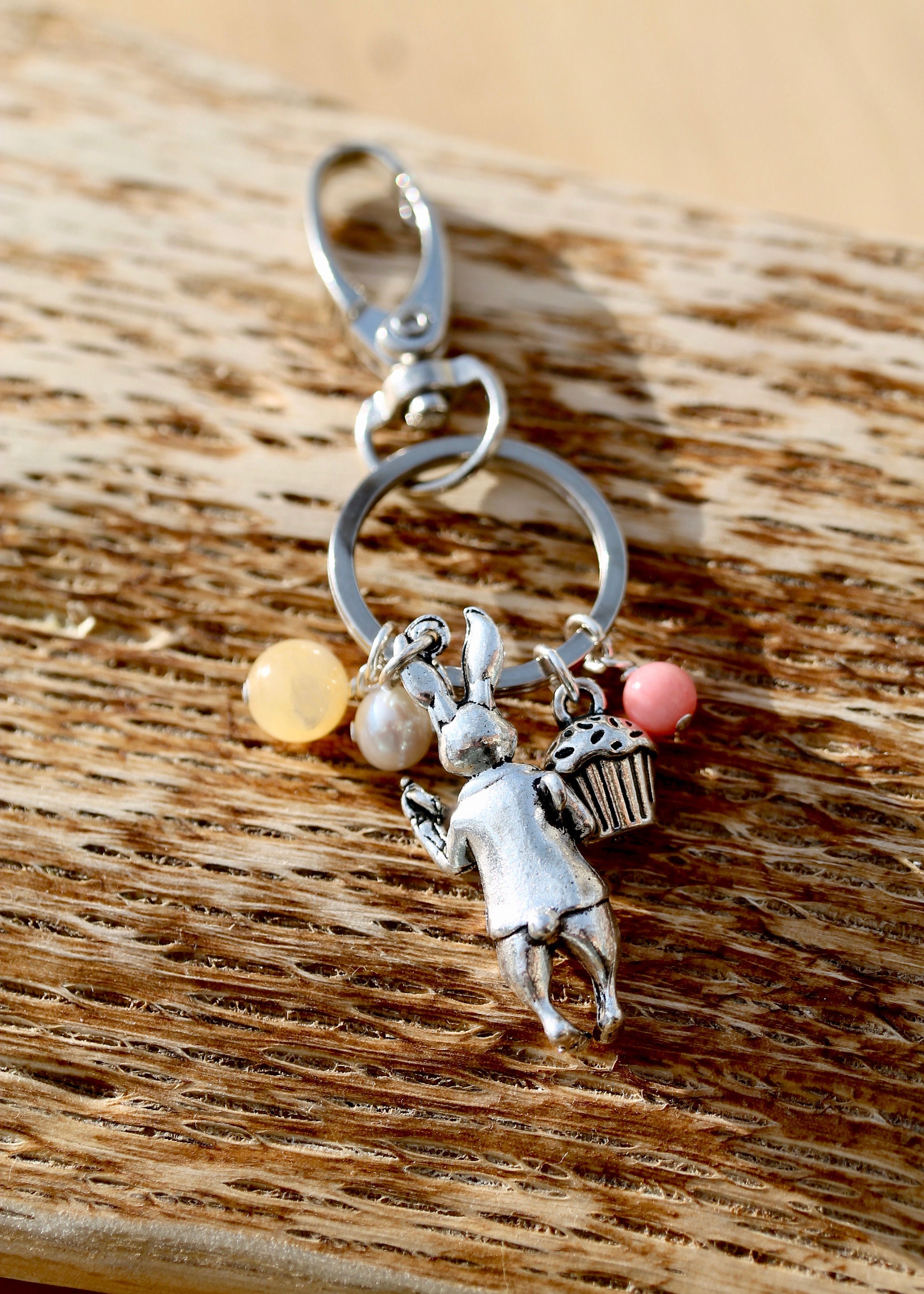 Keychain with Semi Precious stones Coral Aragonite | Etsy