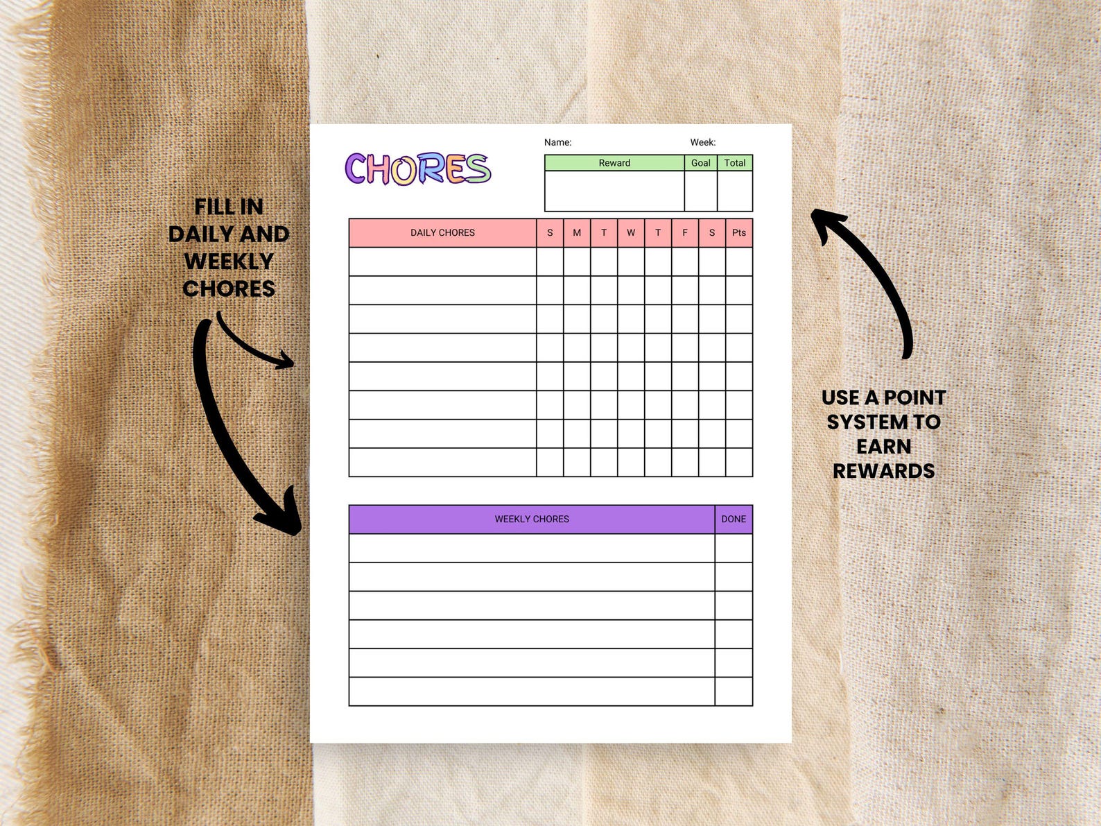 Chore Chart, Kids' Printable Chore Chart, Weekly Responsibility ...
