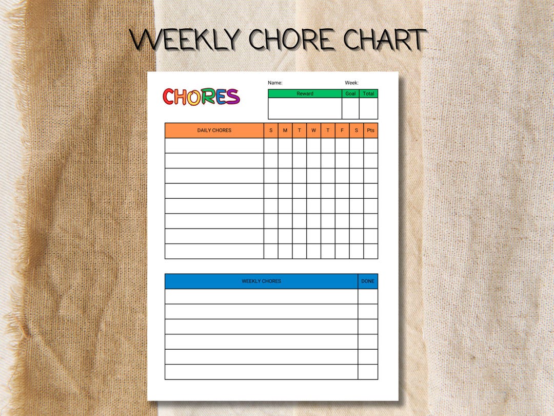 Chore Chart, Kids' Printable Chore Chart, Weekly Responsibility ...
