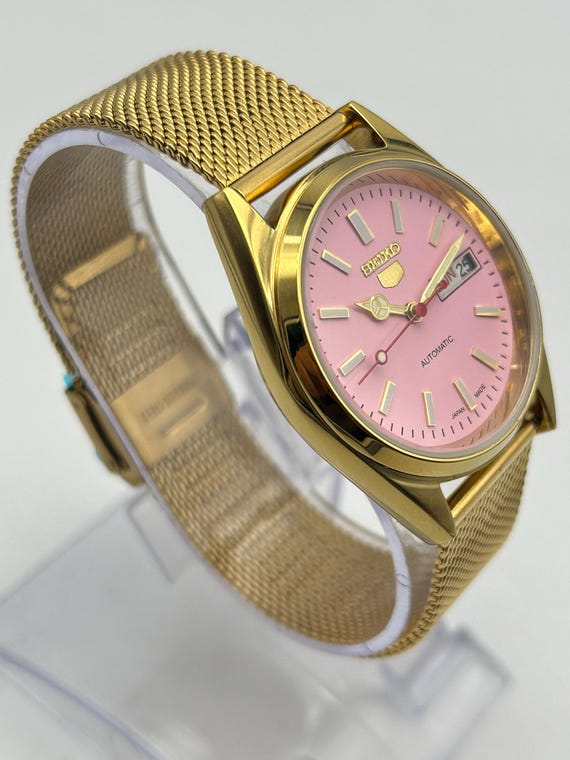Vintage Seiko 5 Pink Dial Automatic Watch – Gold Mesh… - Gem