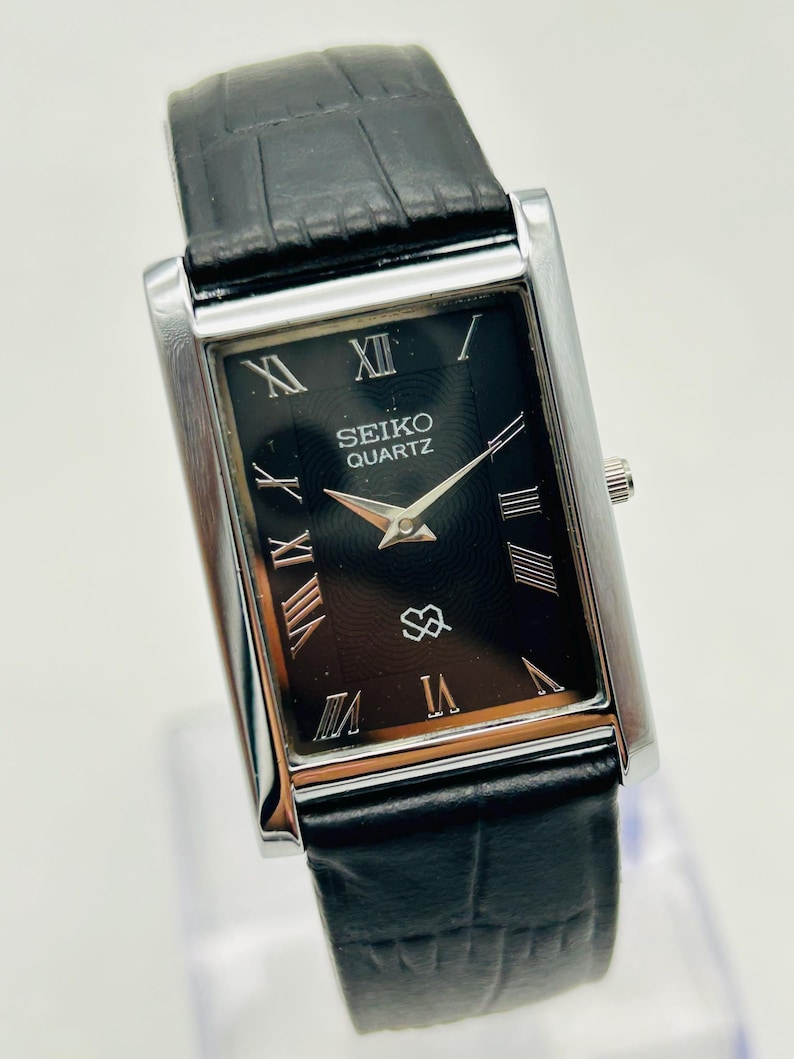 Vintage Seiko Slim Tank Quartz Watch – Black Dial, Silver Case, Unisex ...
