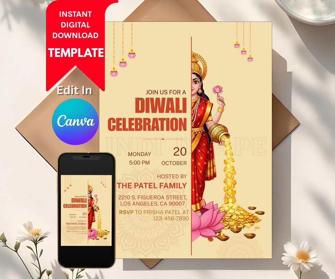 Editable Diwali Invitation | Deepavali Festival Party Invite | Laxmi ...