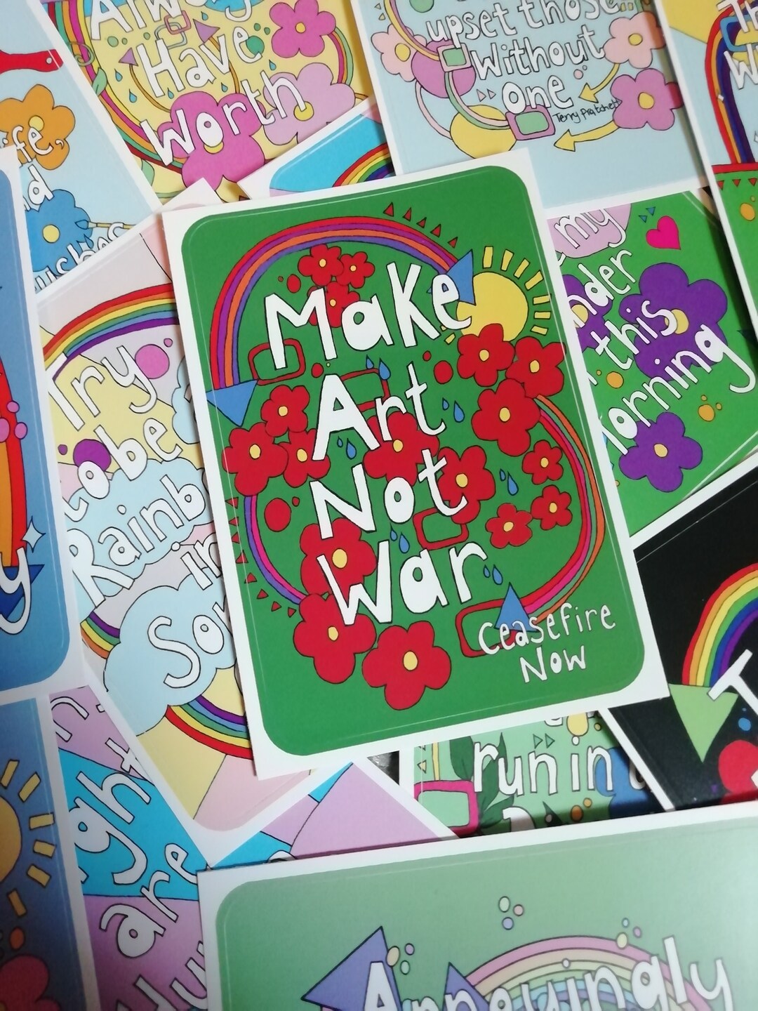 Make Art Not War Sticker, Ceasefire Edition Positive Quote Illustrated ...
