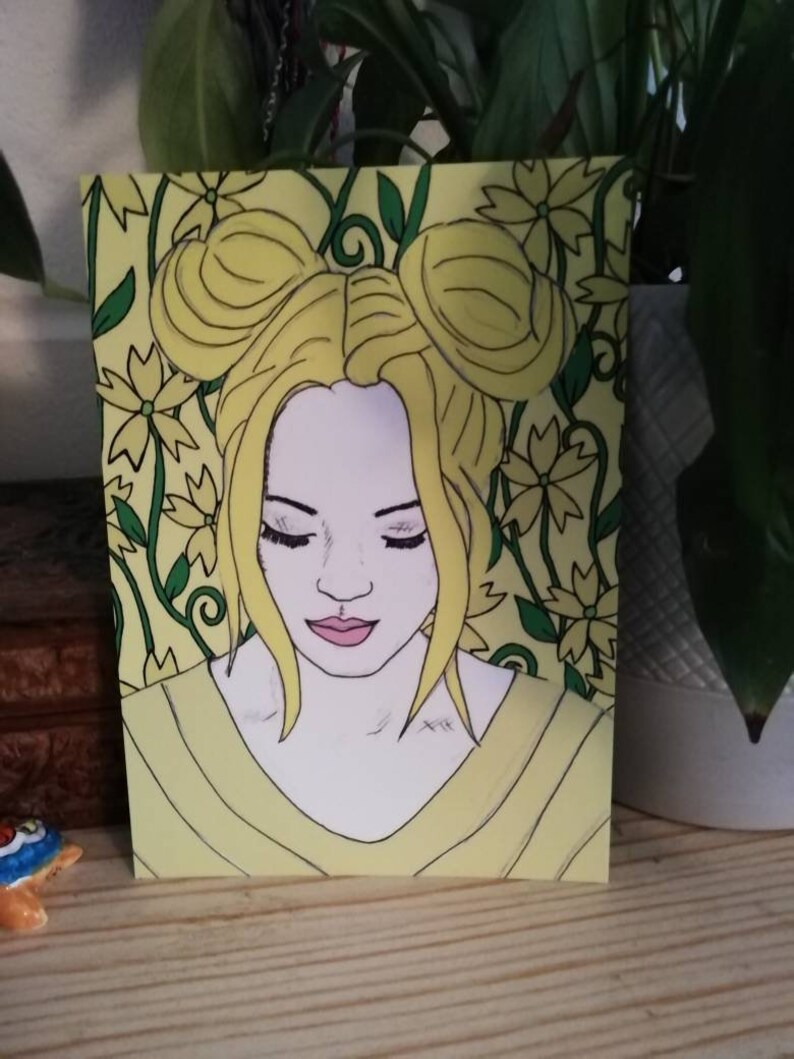 The Yellow Lady, Illustration, Digitally Coloured Ink Drawing, Postcard ...