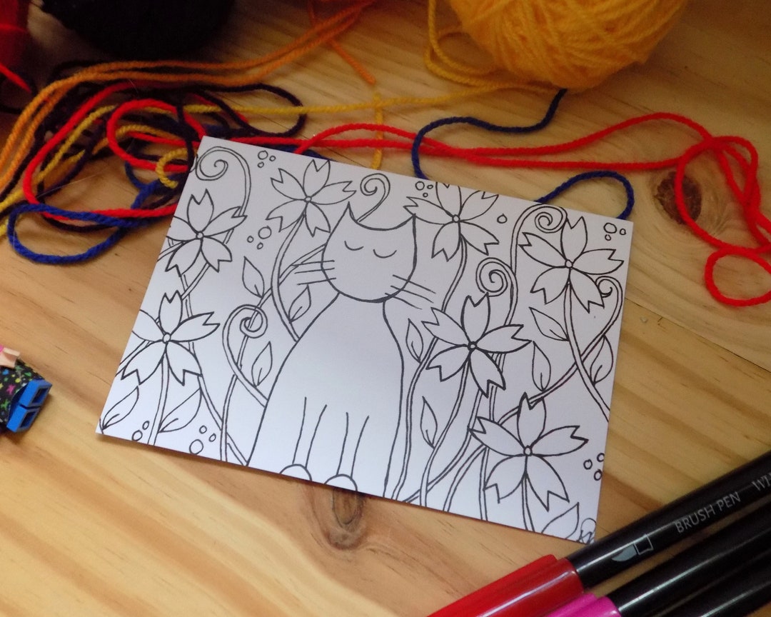 Illustrated Cat Card, Colouring In, Greetings Card, Note Card, Print of ...