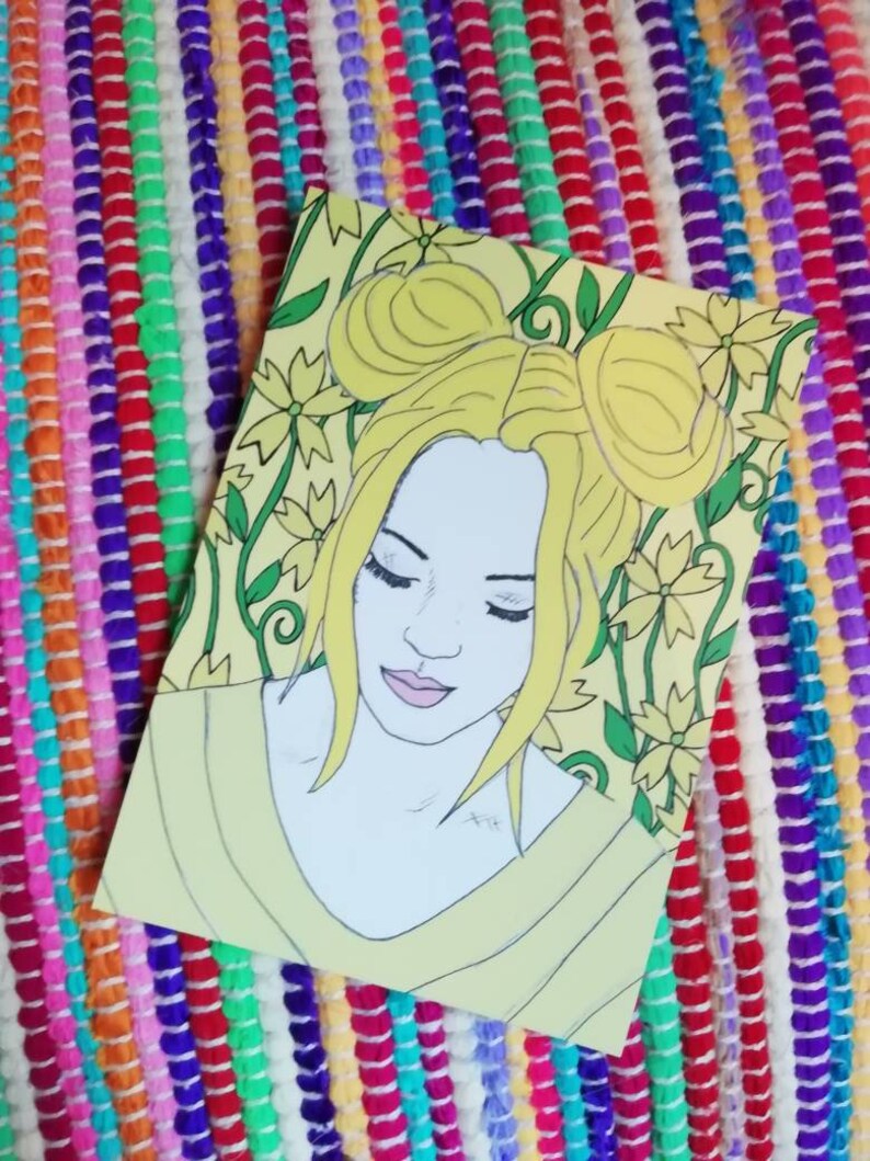 The Yellow Lady, Illustration, Digitally Coloured Ink Drawing, Postcard ...