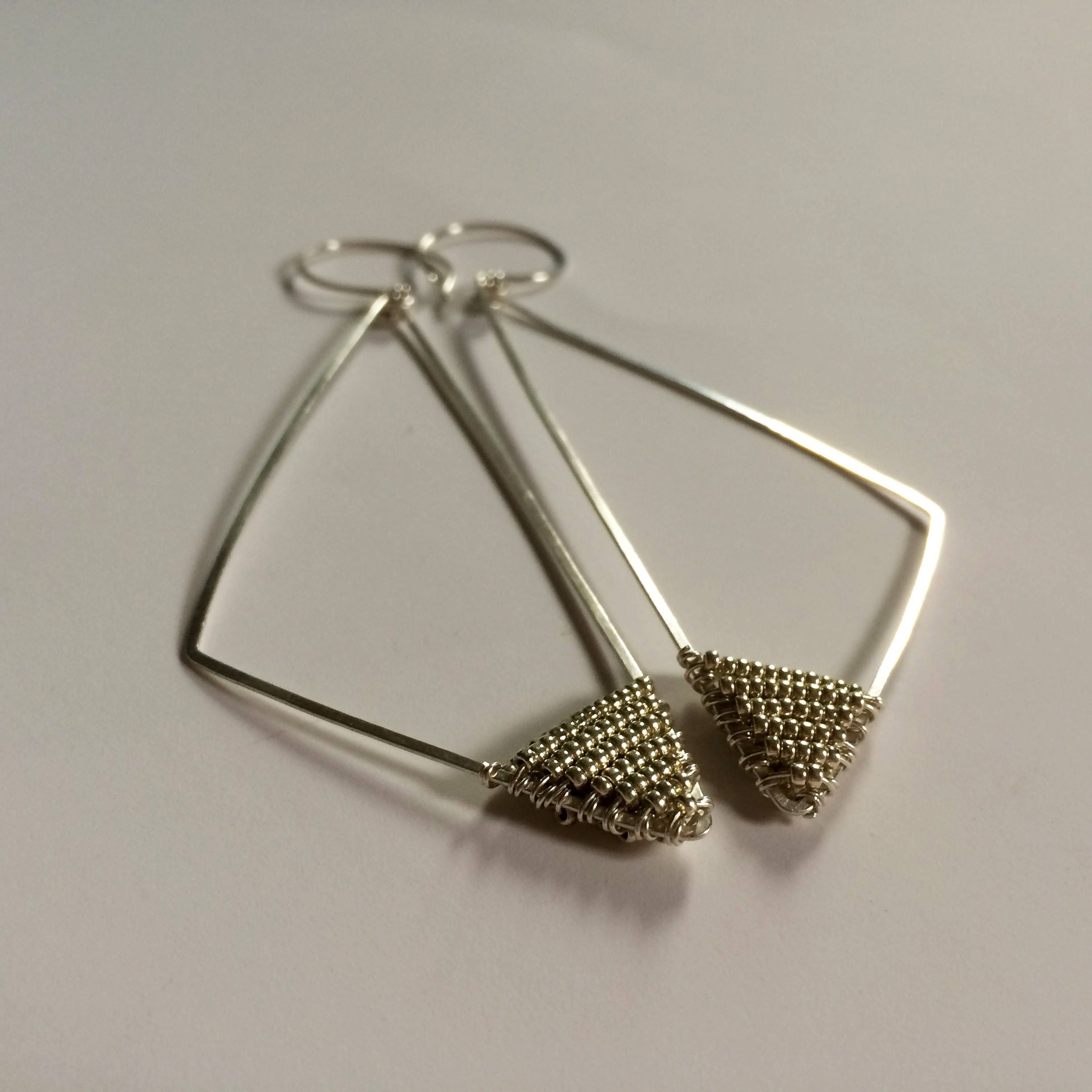 Silver Beaded Triangle Hoop Earrings Long Geometric Sterling Silver ...