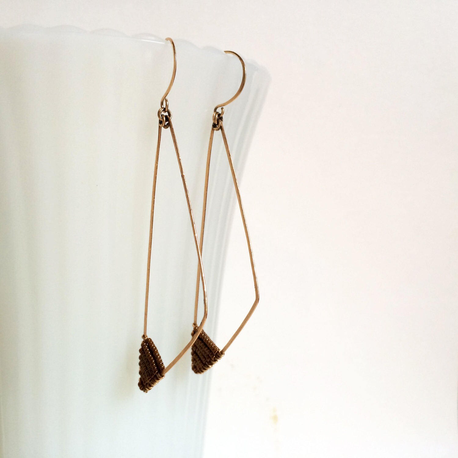 Gold Beaded Triangle Hoop Earrings Long Geometric 14k Gold - Etsy