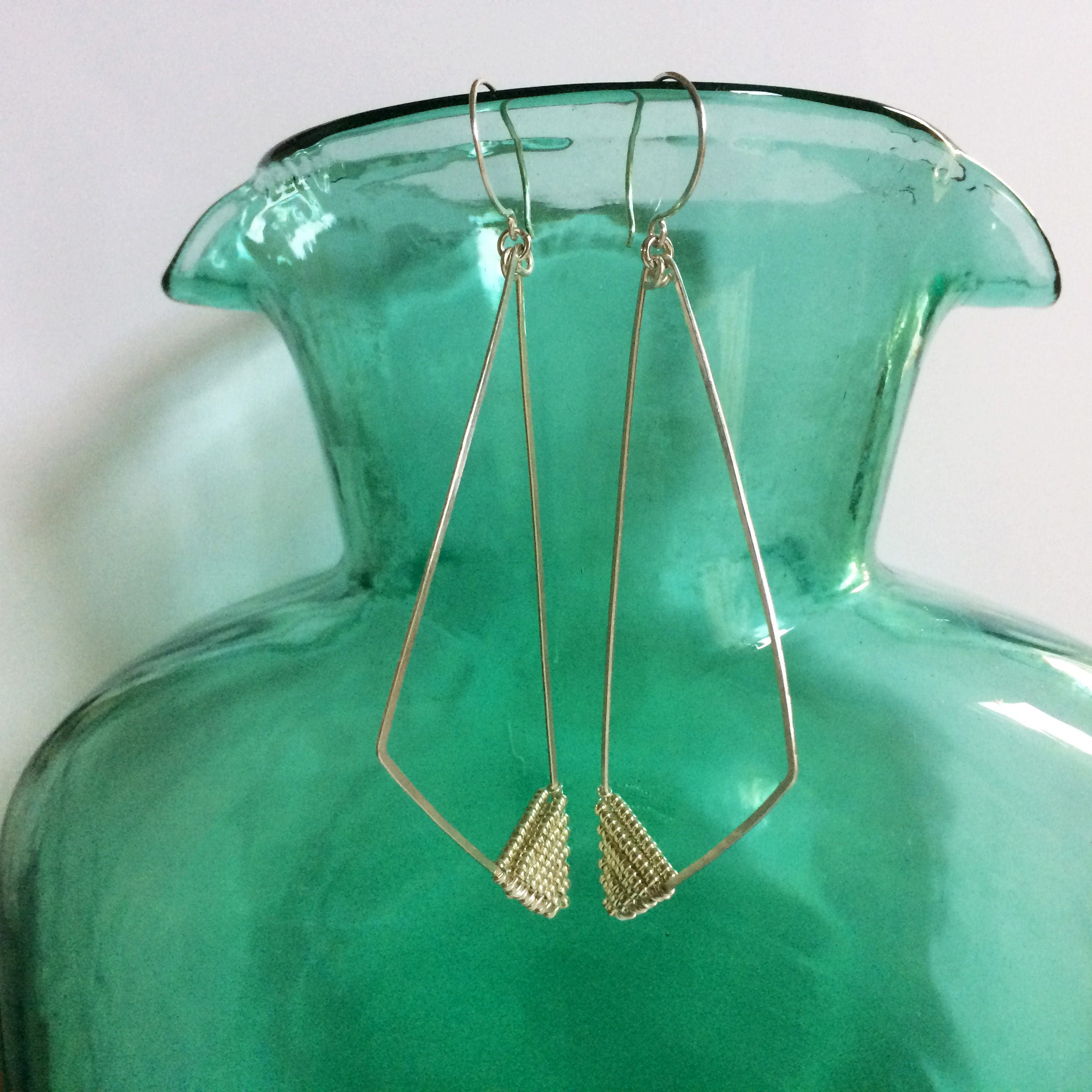 Gold Beaded Triangle Hoop Earrings Long Geometric 14k Gold - Etsy