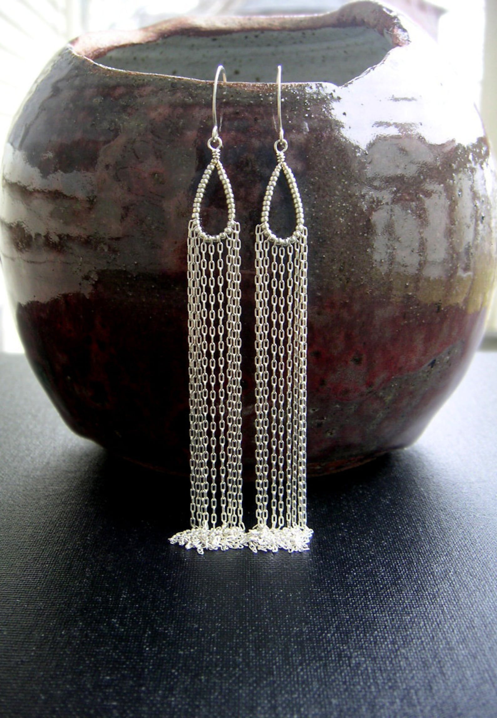 Long Silver Chain Earrings Beaded Teardrop Hoops Waterfall Earrings ...