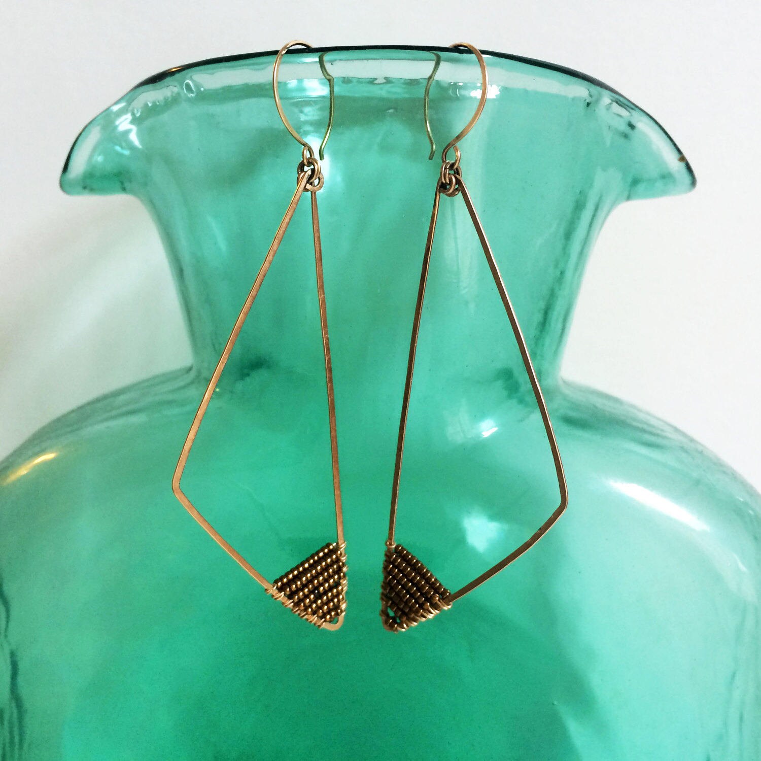 Gold Beaded Triangle Hoop Earrings Long Geometric 14k Gold - Etsy