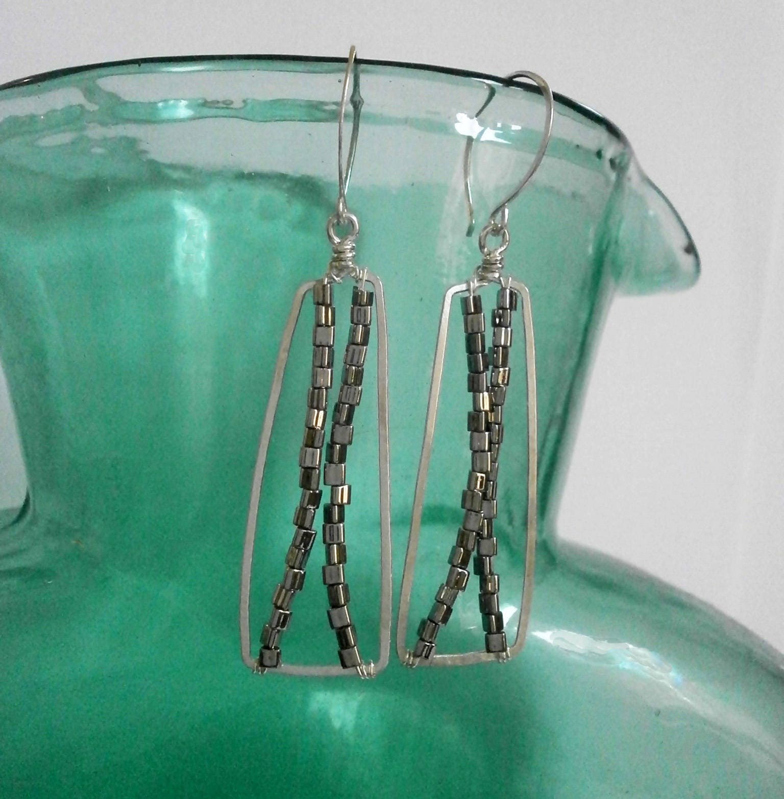 Long Silver Beaded Rectangle Earrings Geometric Hoop Dangles Sterling ...